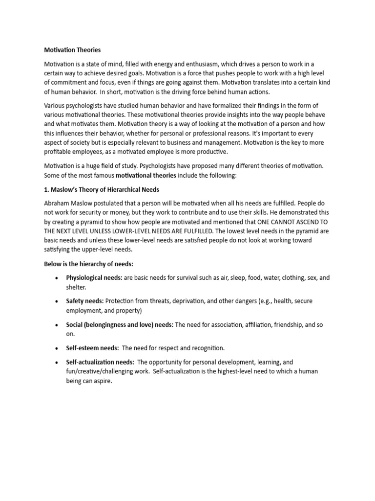 MGT. Motivation Theories Handout | PDF | Motivational | Motivation