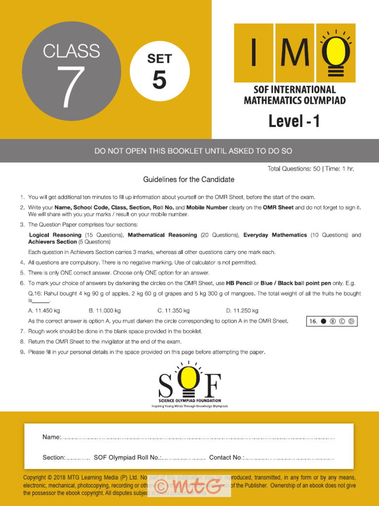 Imo Level1 Class 7 Set 5 | PDF | Triangle | Angle