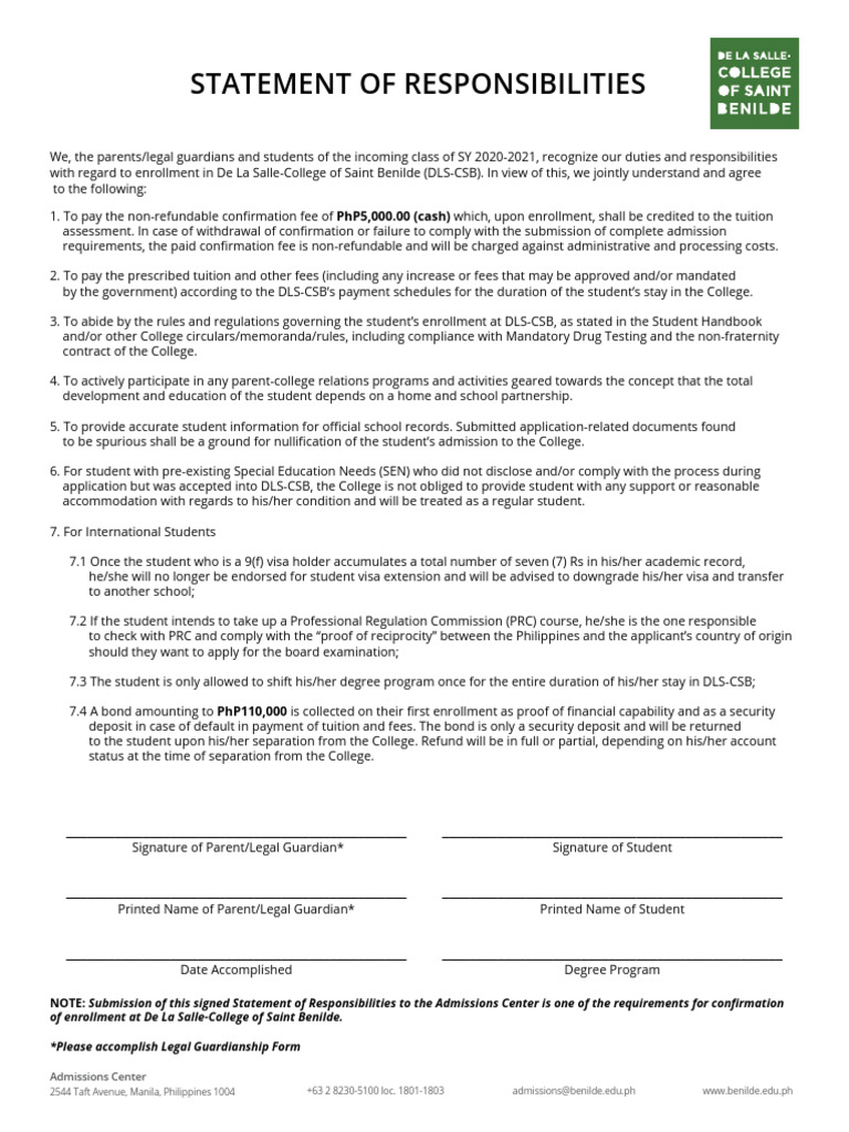 [AdC] Statement of Responsibilities | PDF | Fee | Travel Visa