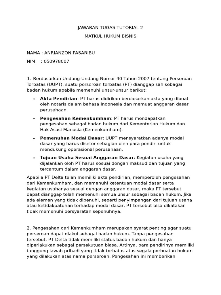 JAWABAN TUGAS TUTORIAL 2 HUKUM BISNIS | PDF