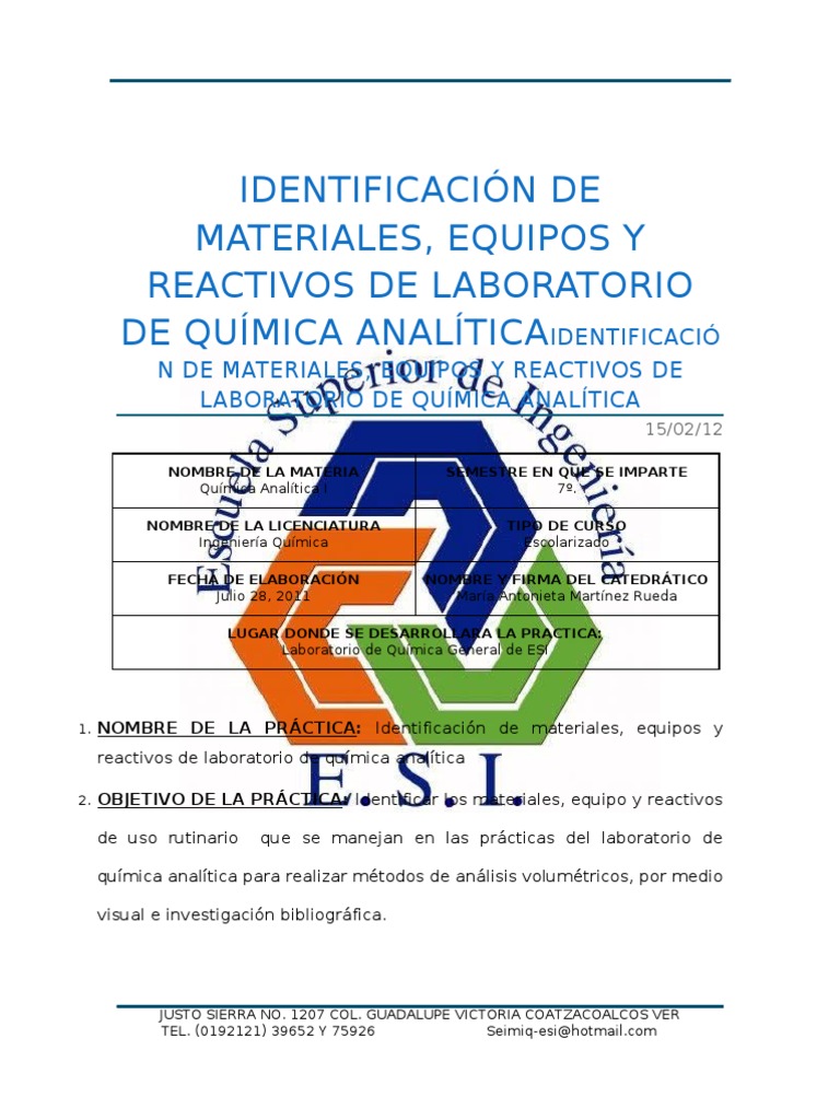 Practica I - Identificación de Materiales, Equipos y Reactivos de ...