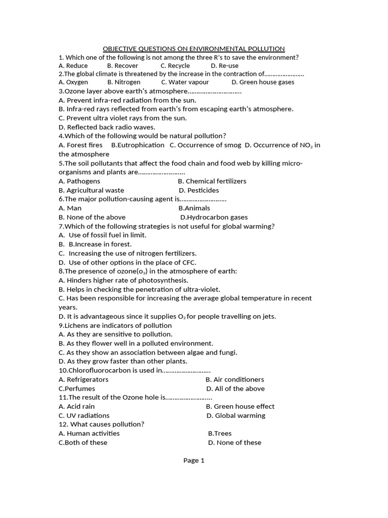 Environmental Pollution Quiz Questions | PDF | Soil | Atmosphere Of Earth