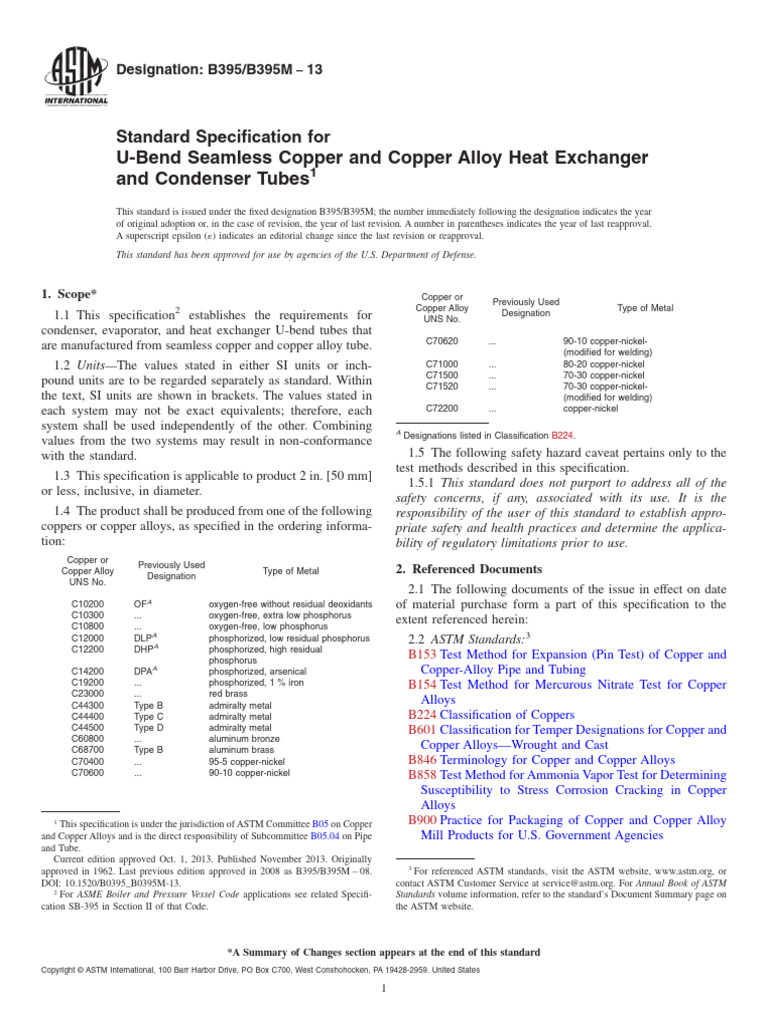 B395B395M-13 Standard Specification For U-Bend Seamless Copper and ...