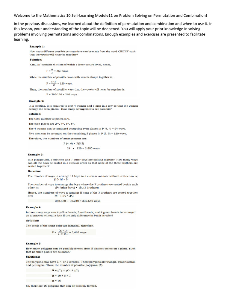 Solving Problems Involving Pemutation and Combination | PDF | Permutation | Mathematics
