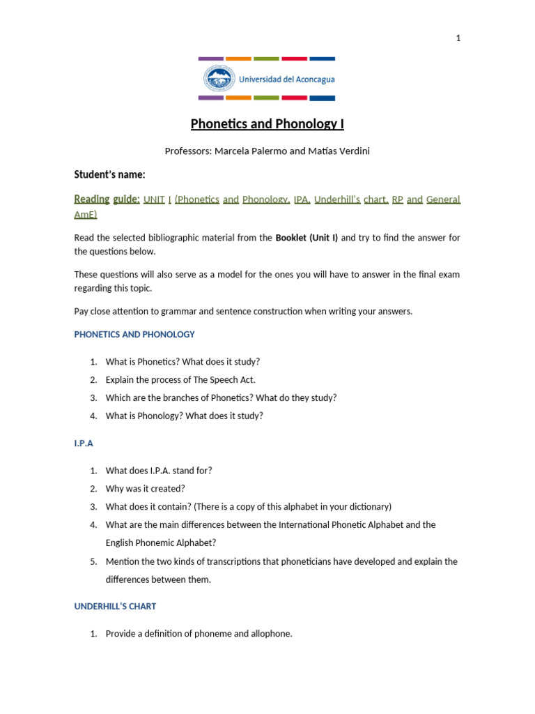 Reading Guide UNIT 1 (Phonetics and Phonology, IPA, Underhill's Chart ...