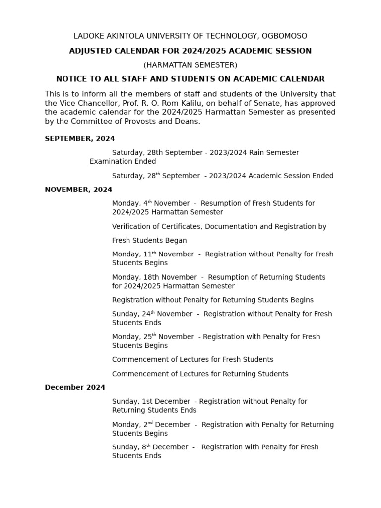 2024 2025 Harmattan Semester Calendar 2ndAMMENDED | PDF | Academic Term | Academia