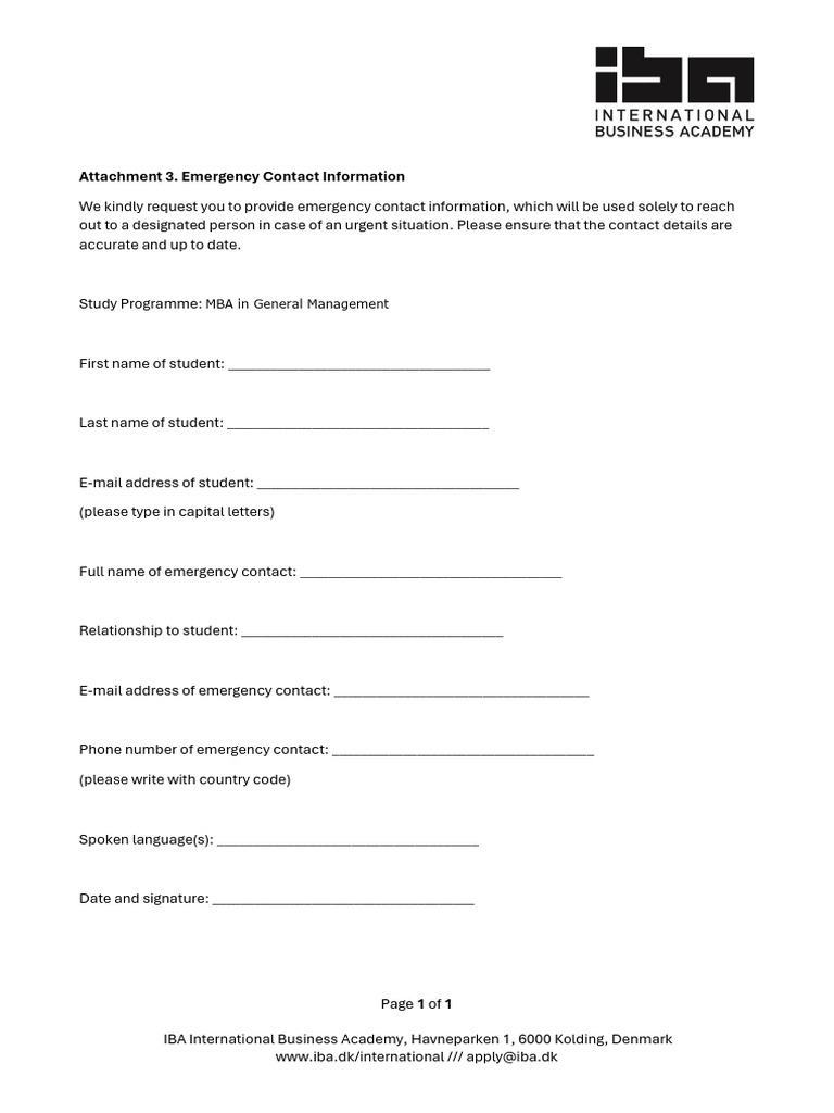 Emergency Contact Information Form - MBA | PDF