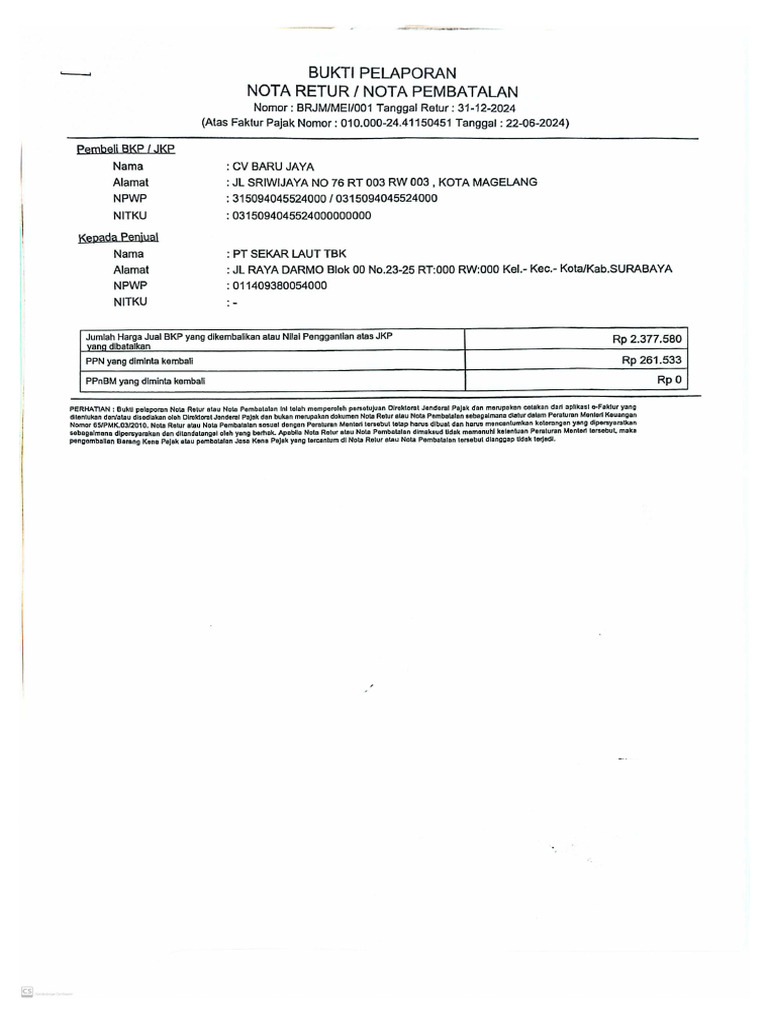 Nota Retur Finna | PDF