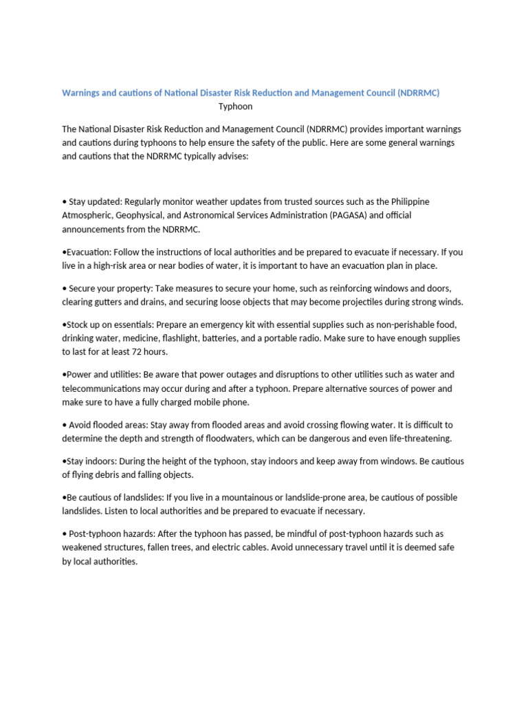 NDRRMC Typhoon Safety Warnings | PDF