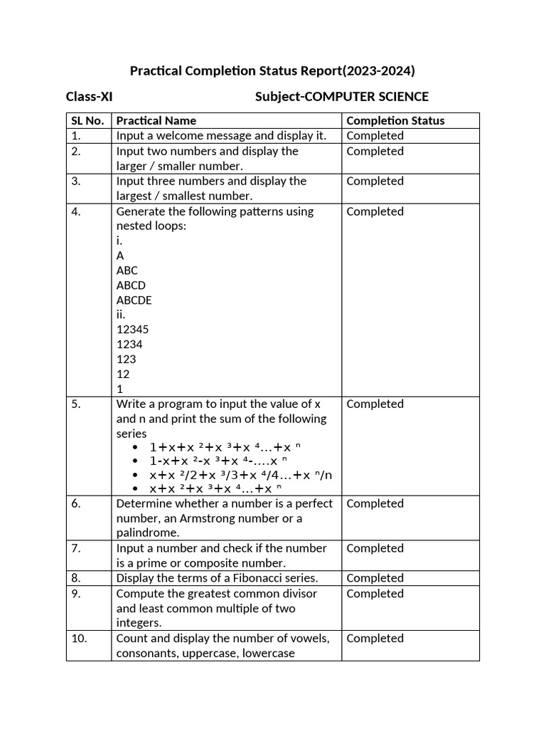 Practical Completion - XI - CS | PDF