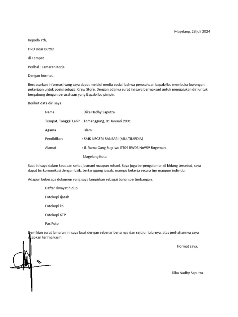 Surat Lamaran Kerja Dear Butter | PDF
