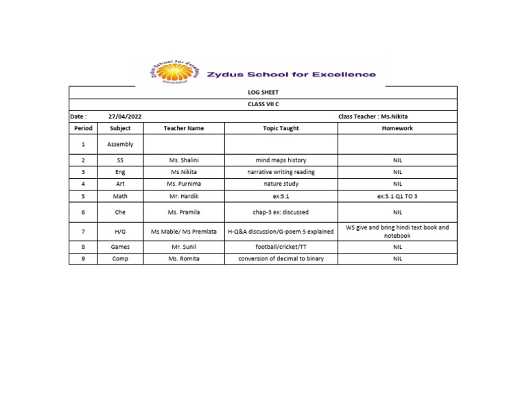 Class Vii C Log Sheet | PDF