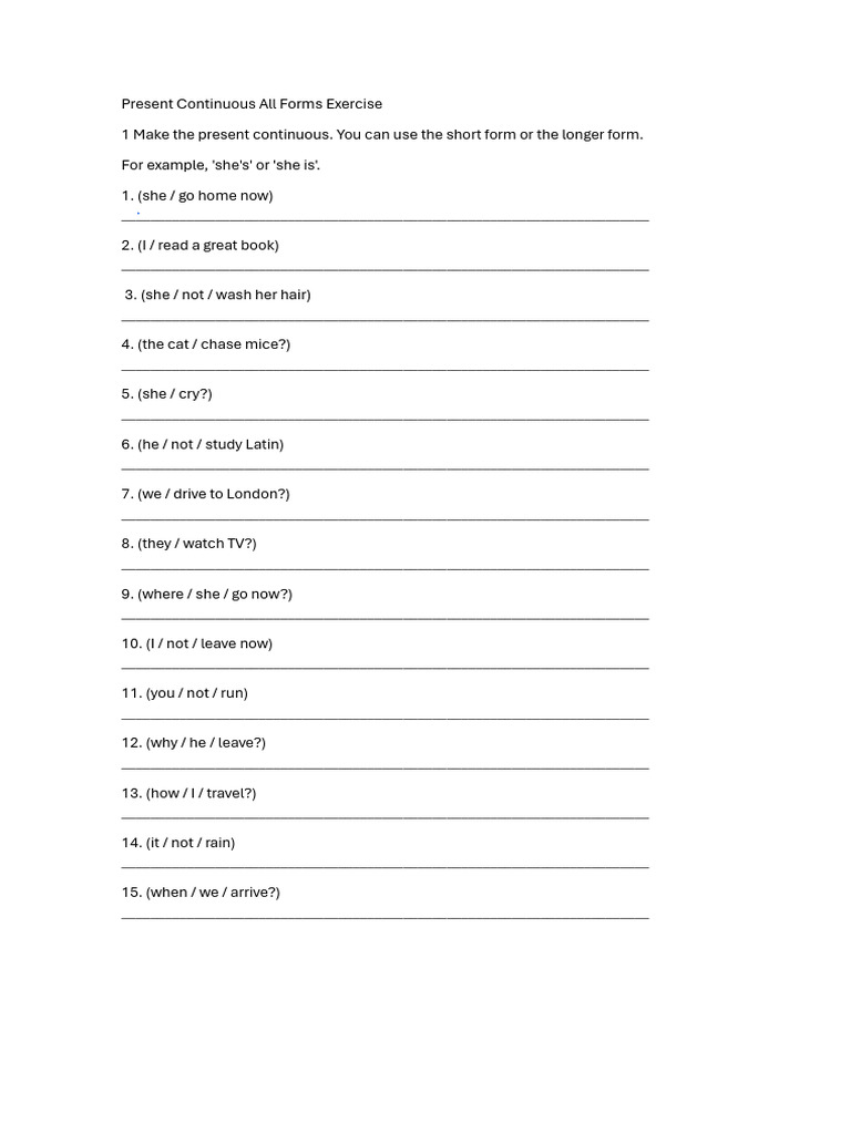 Present Continuous Tense Exercises | PDF