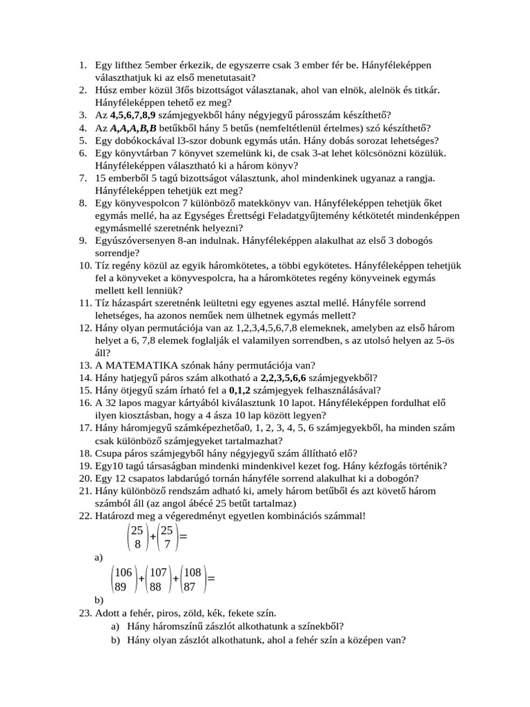 Feladatsor Kombinatorika 2024 | PDF