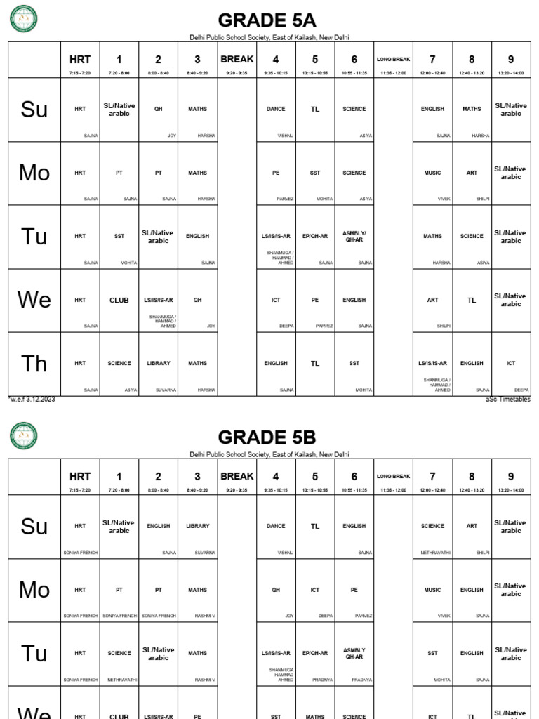 Grade 5 Timetable - Delhi Public School | PDF