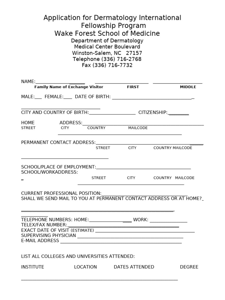 International-Application-Form | PDF | Dermatology | Residency (Medicine)
