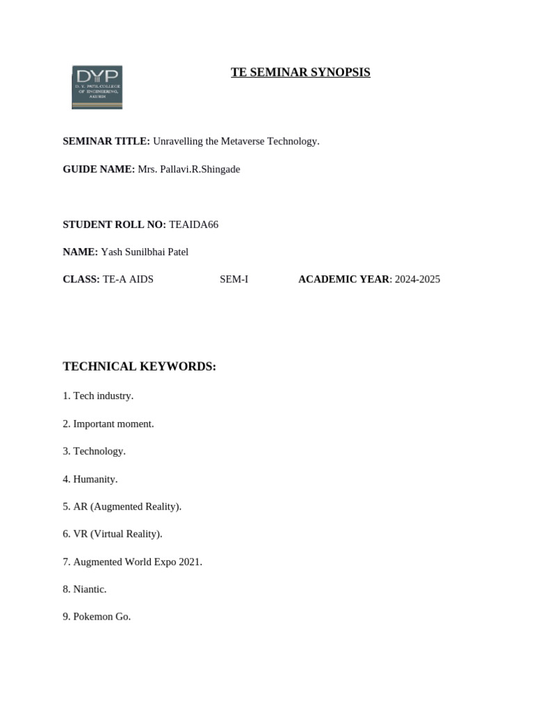 TE SEMINAR SYNOPSIS (1) | PDF | Augmented Reality | Mathematics