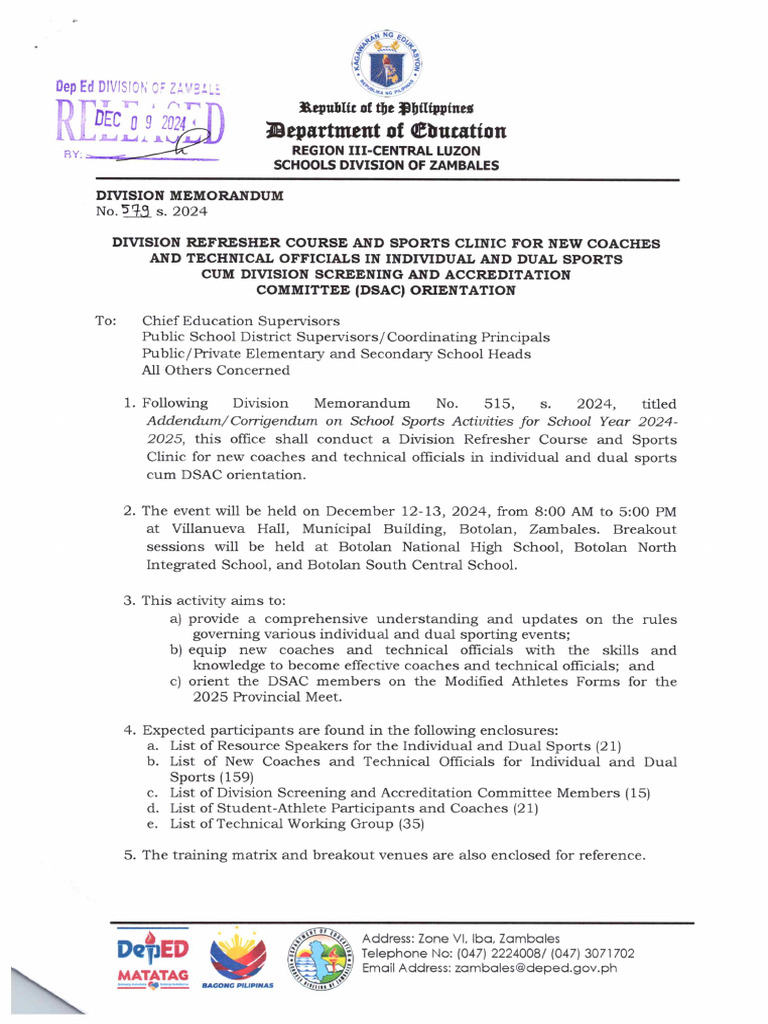 DM No. 579, s. 2024 - Division Refresher Course and Sports Clinic for ...