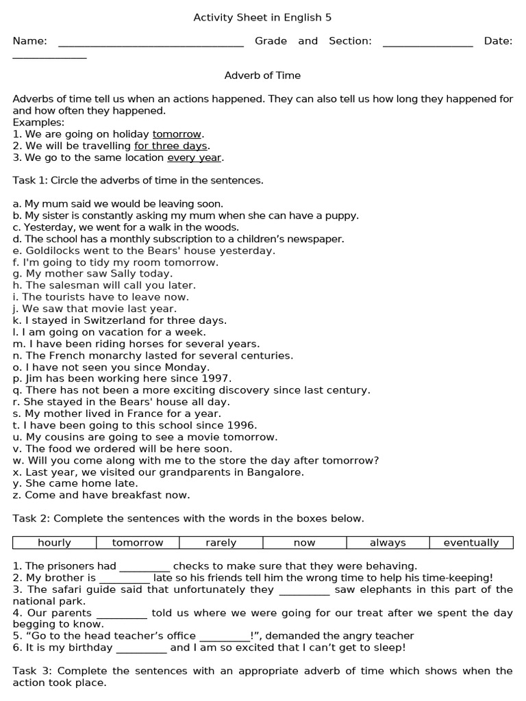 Adverbs of Time Activity Sheet for Grade 5 | PDF