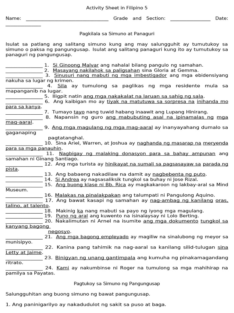 Filipino 5 - Simuno at Panaguri | PDF