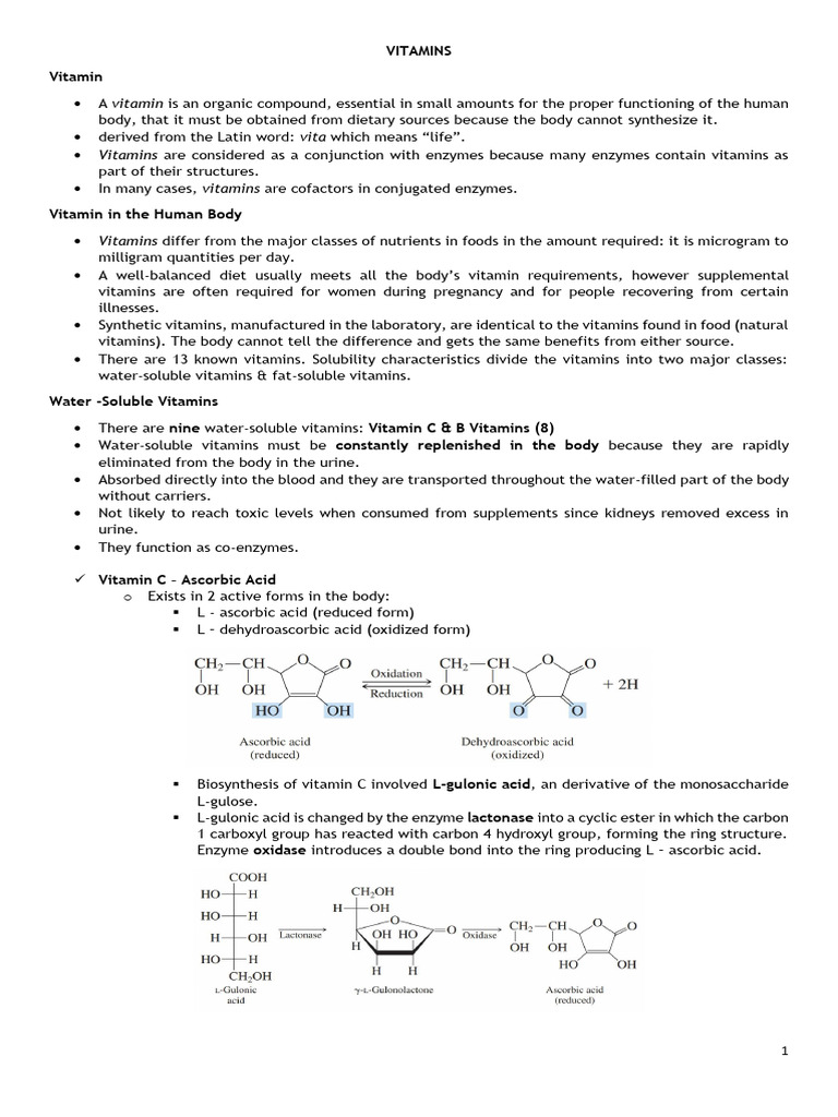 Biochemistry of Vitamins (A Handout) | PDF | Vitamin A | Vitamin C