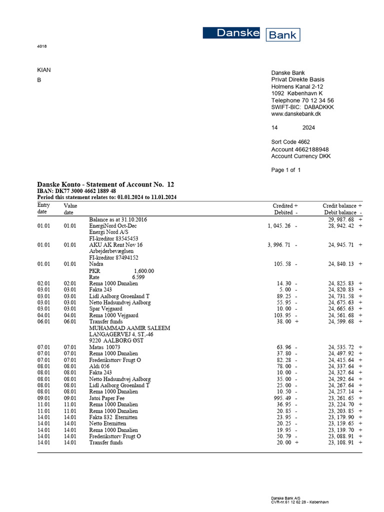 Denmark Bank Statement | PDF