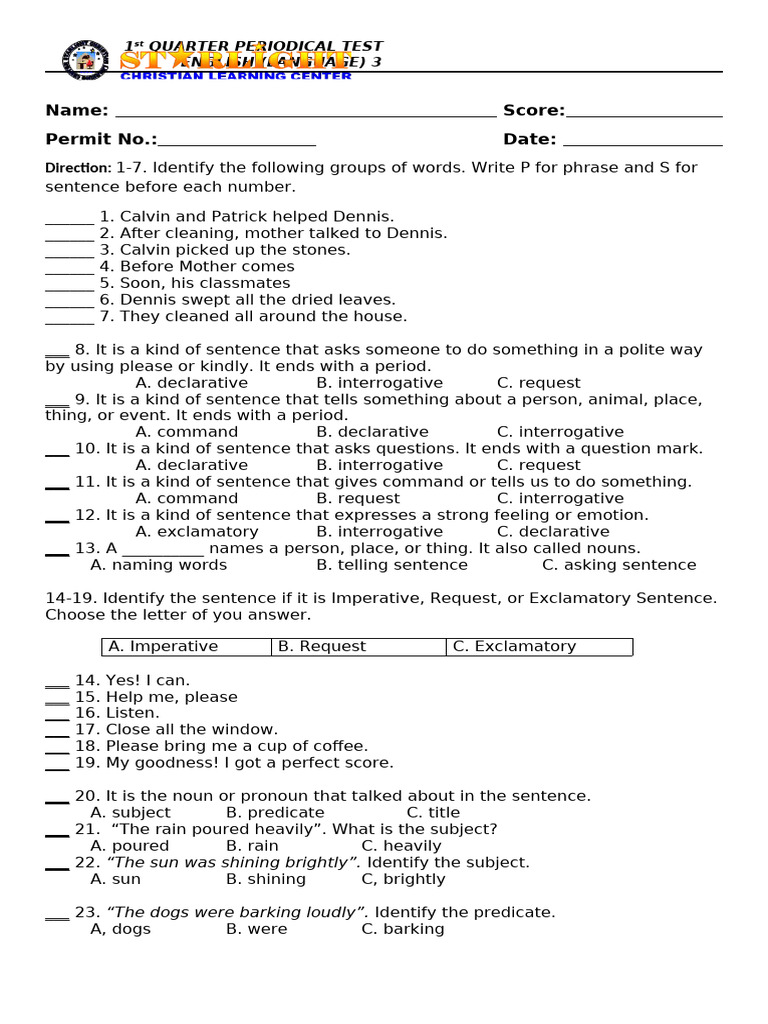 LANGUAGE 3 - 1st QRT EXAM - 2023-2024 | PDF | Subject (Grammar) | Sentence (Linguistics)