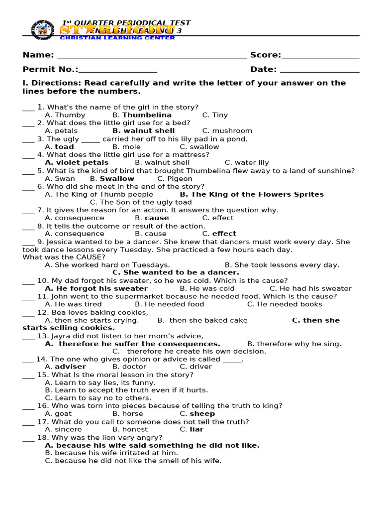 Reading 3 - 1st QRT Exam - 2023-2024 - Answer Key | PDF