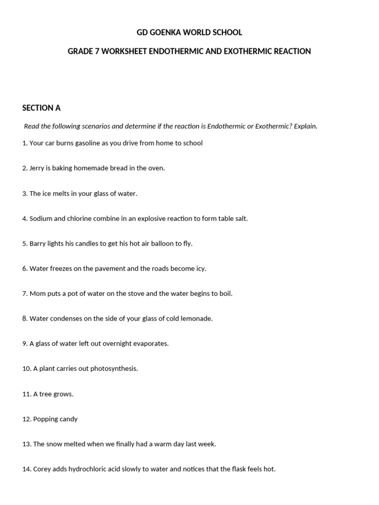 Grade 7 Worksheet: Endothermic vs. Exothermic Reactions | PDF ...