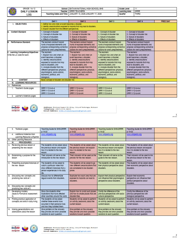 Grade 11 DRRR Daily Lesson Log | PDF | Hazards | Learning