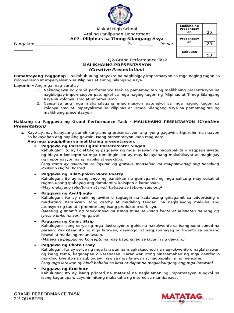 Ap7 Q2 Grand Performance Task Malikhaing Presentasyon 1 Pdf