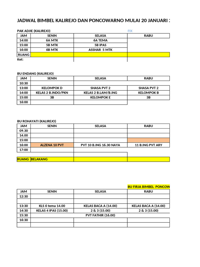 Jadwal Les Mulai 20 Januari 2025 | PDF