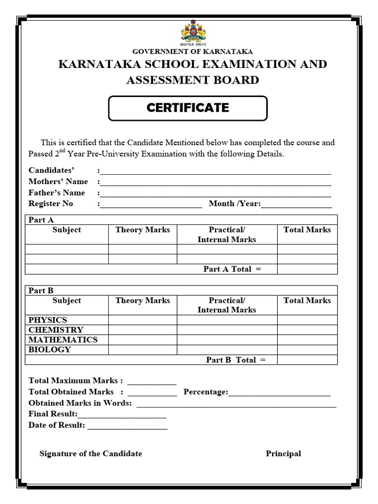 PUC Marks Card Download 2024 | PDF