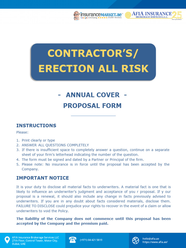 CAR-EAR PROPOSAL FORM - Annual Cover | PDF | Insurance | Underwriting