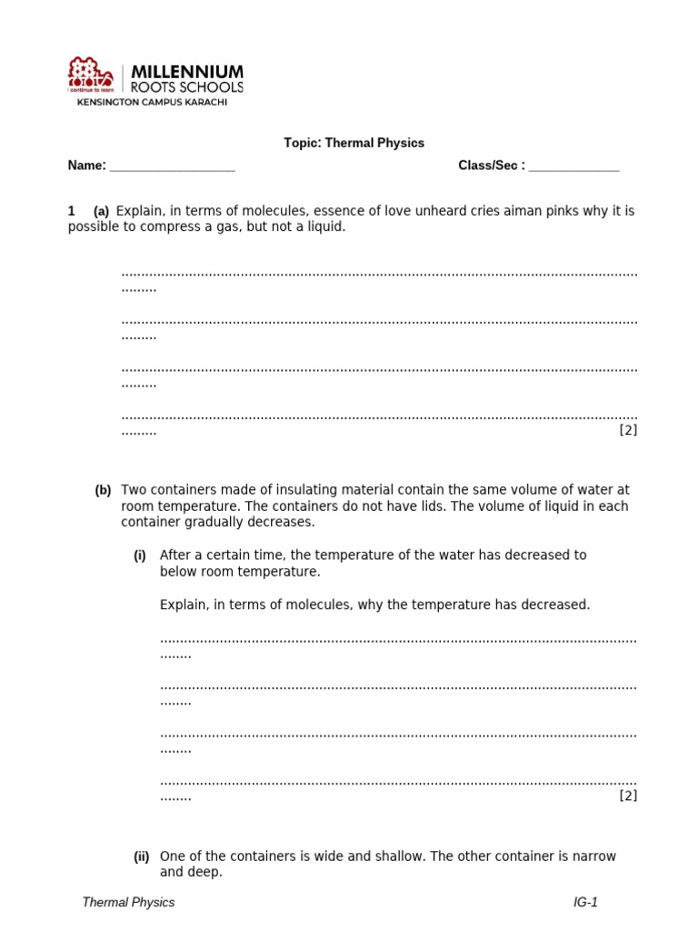 Thermal Physics Worksheet | PDF | Gases | Pressure