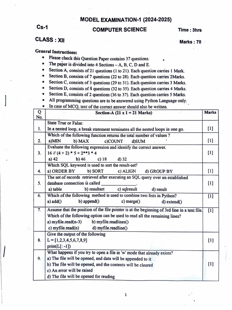 Cs Model Exam 2024 Question Paper | PDF | Control Flow | Software Engineering