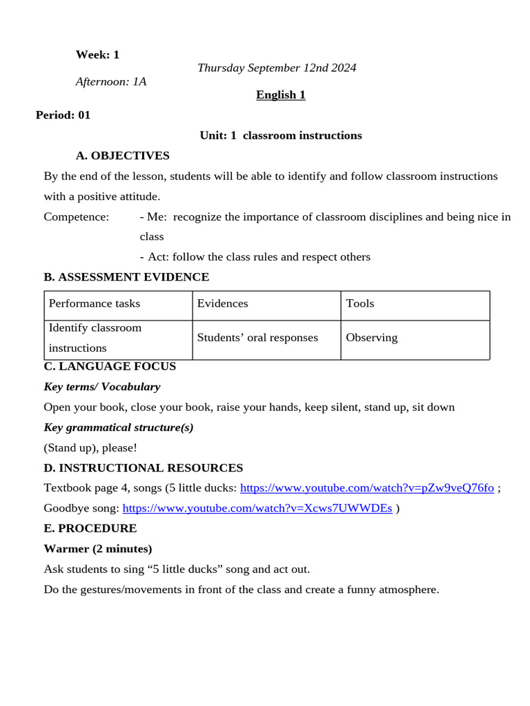 W1 | PDF | Classroom | English Language