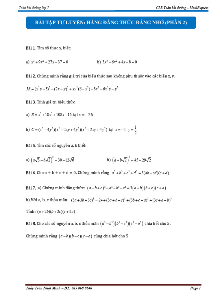 [BTVN - 7.1A-22.4] HẰNG ĐẲNG THỨC ĐÁNG NHỚ (PHẦN 2) | PDF