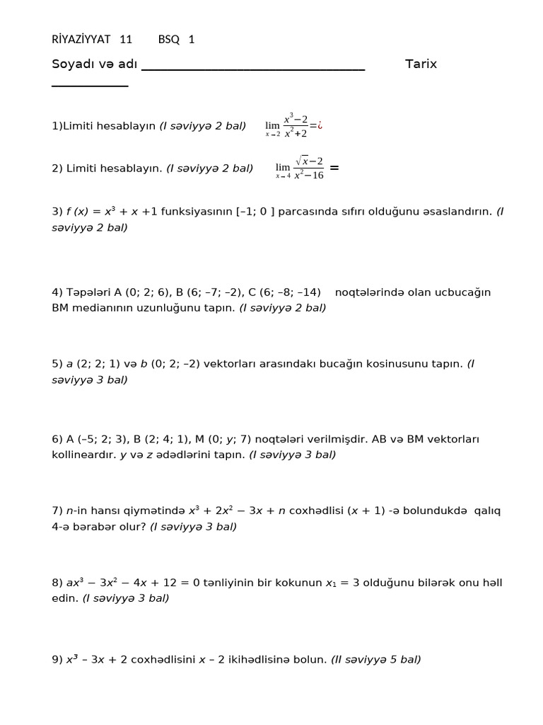 11 Riyaziyyat BSQ-1 | PDF