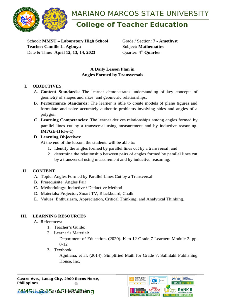 DLP 4 - Angles Formed by A Transversal | PDF | Angle | Classical Geometry