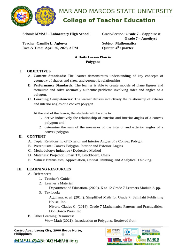 DLP 6 - Interior and Exterior Angles of A Polygon | PDF | Geometry ...