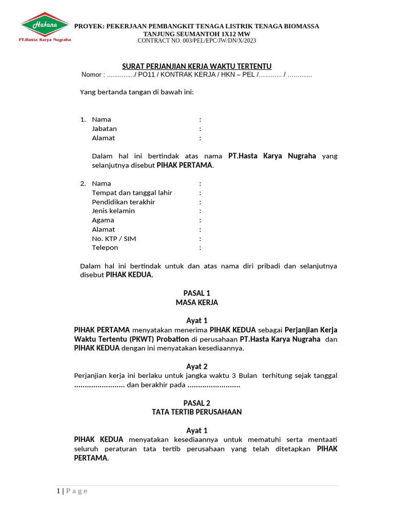 Kontrak Kerja BHL (Apri) | PDF