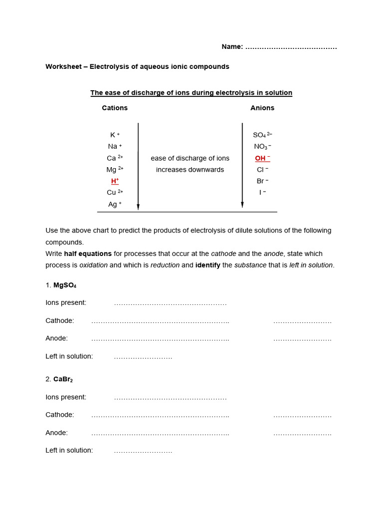 Electrolysis Worksheet for Students | PDF