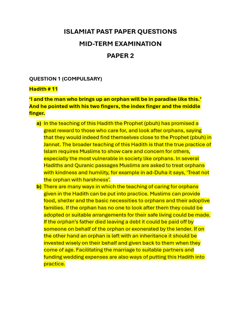 ISLAMIAT PAST PAPER QUESTIONS (Mids) | PDF | Hadith | Muhammad