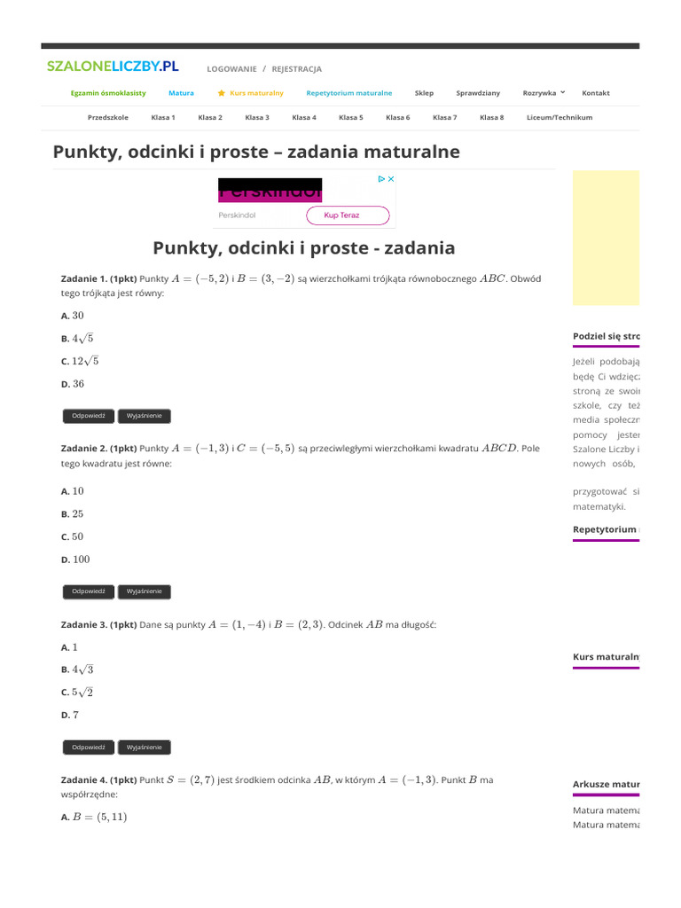 Punkty, Odcinki I Proste - Zadania Maturalne - Matura Podstawowa | PDF