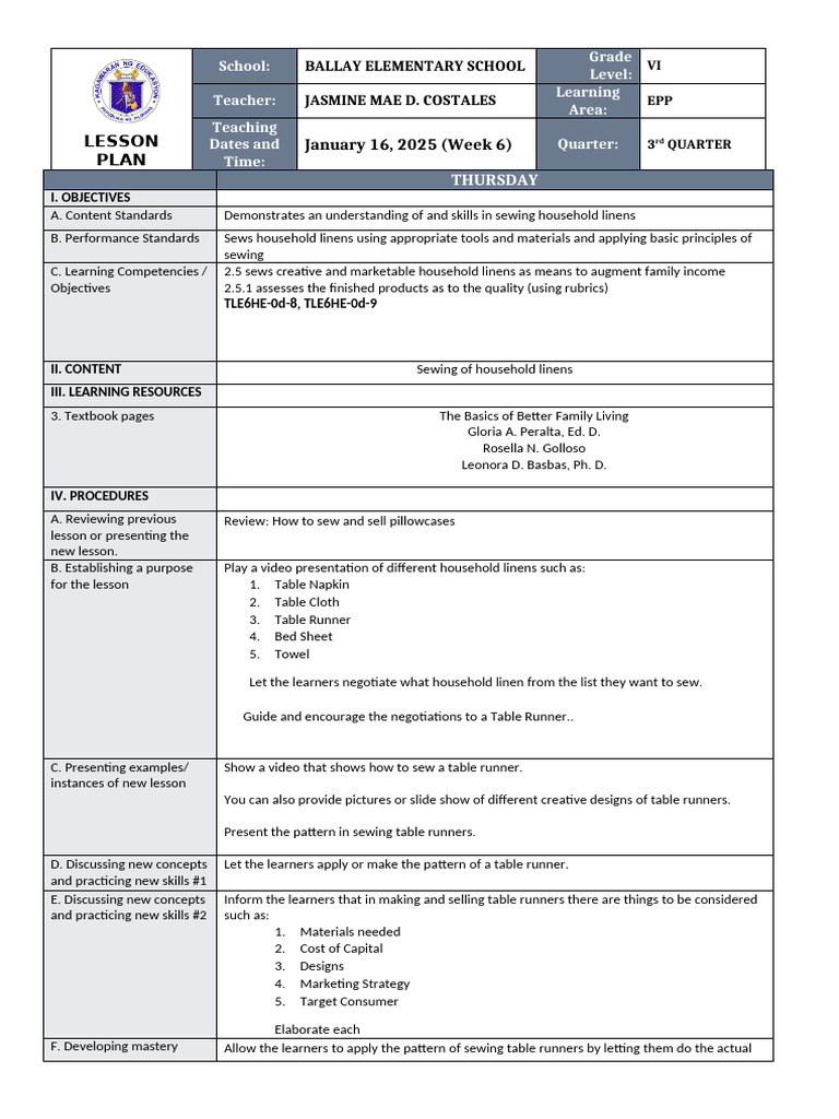 DLL - Tle-He 6 - Q3 - W6 | PDF | Learning | Linens