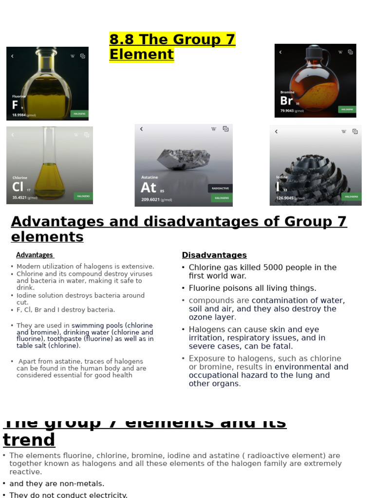 Group 7 Elements: Properties and Trends | PDF | Chlorine | Iodine