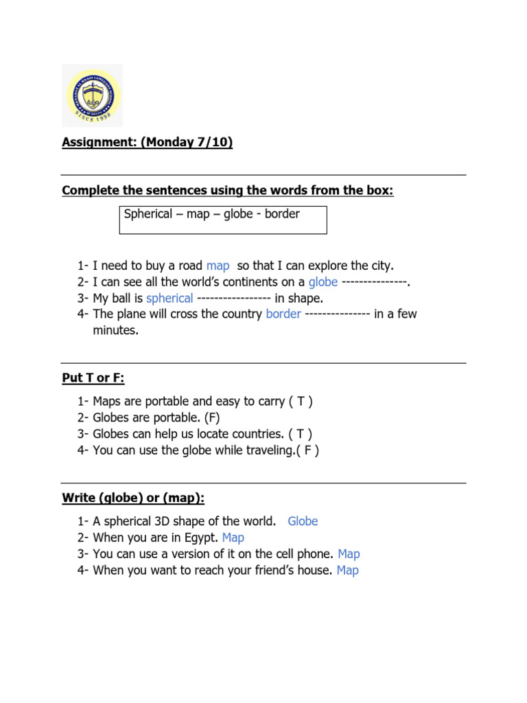 Assignment - Maps and Globes (Monday 7-10) | PDF