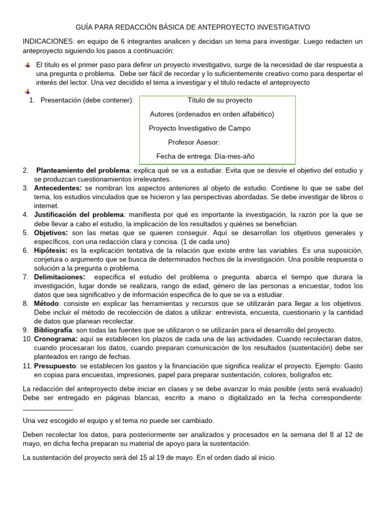 GUÍA PARA REDACCIÓN BÁSICA DE ANTEPROYECTO INVESTIGATIVO | PDF ...