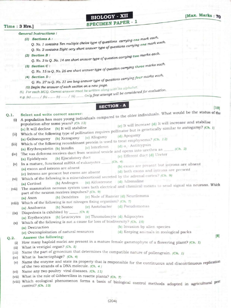 Specimen Paper 1 STD XII Bio - Compressed | PDF